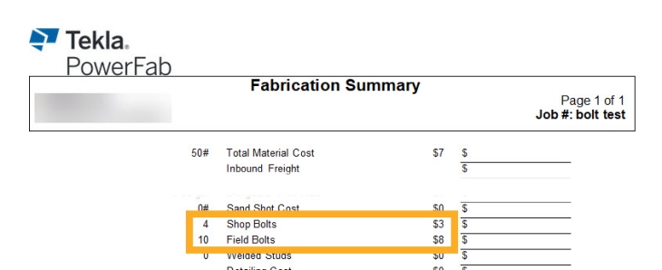 Bolts in Estimating Fabrication Summary Reports | Tekla User Assistance
